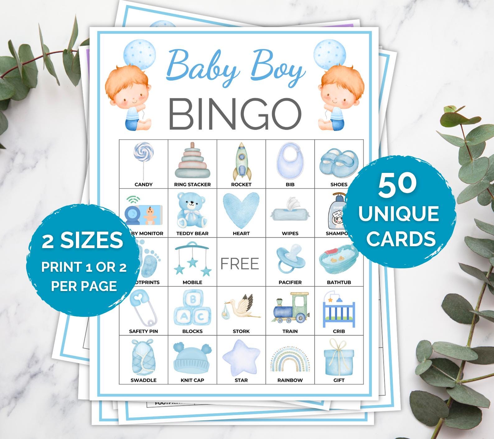 50 Baby Boy Bingo Cards, Baby Boy Shower Bingo, Baby Shower Bingo ...