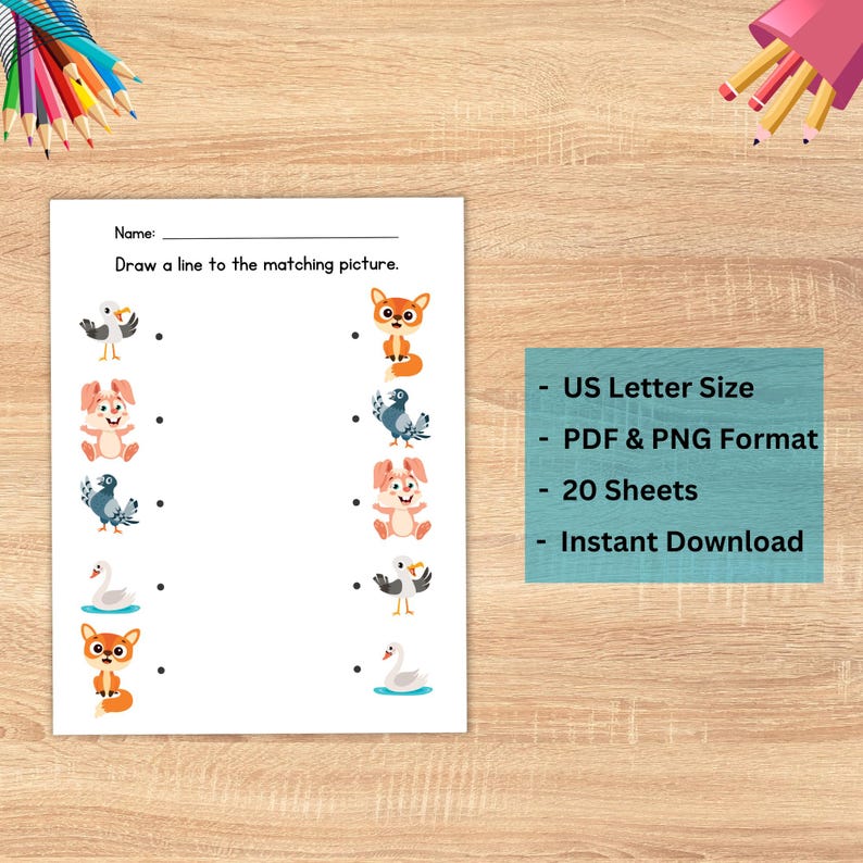 20 Printable Matching Worksheets, Match the Picture, Kindergarten ...