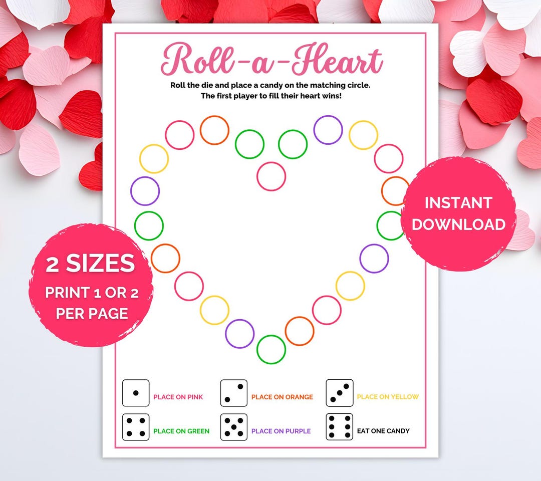 Valentines Roll a Heart Game, Valentine Day Game, Valentines Activity ...