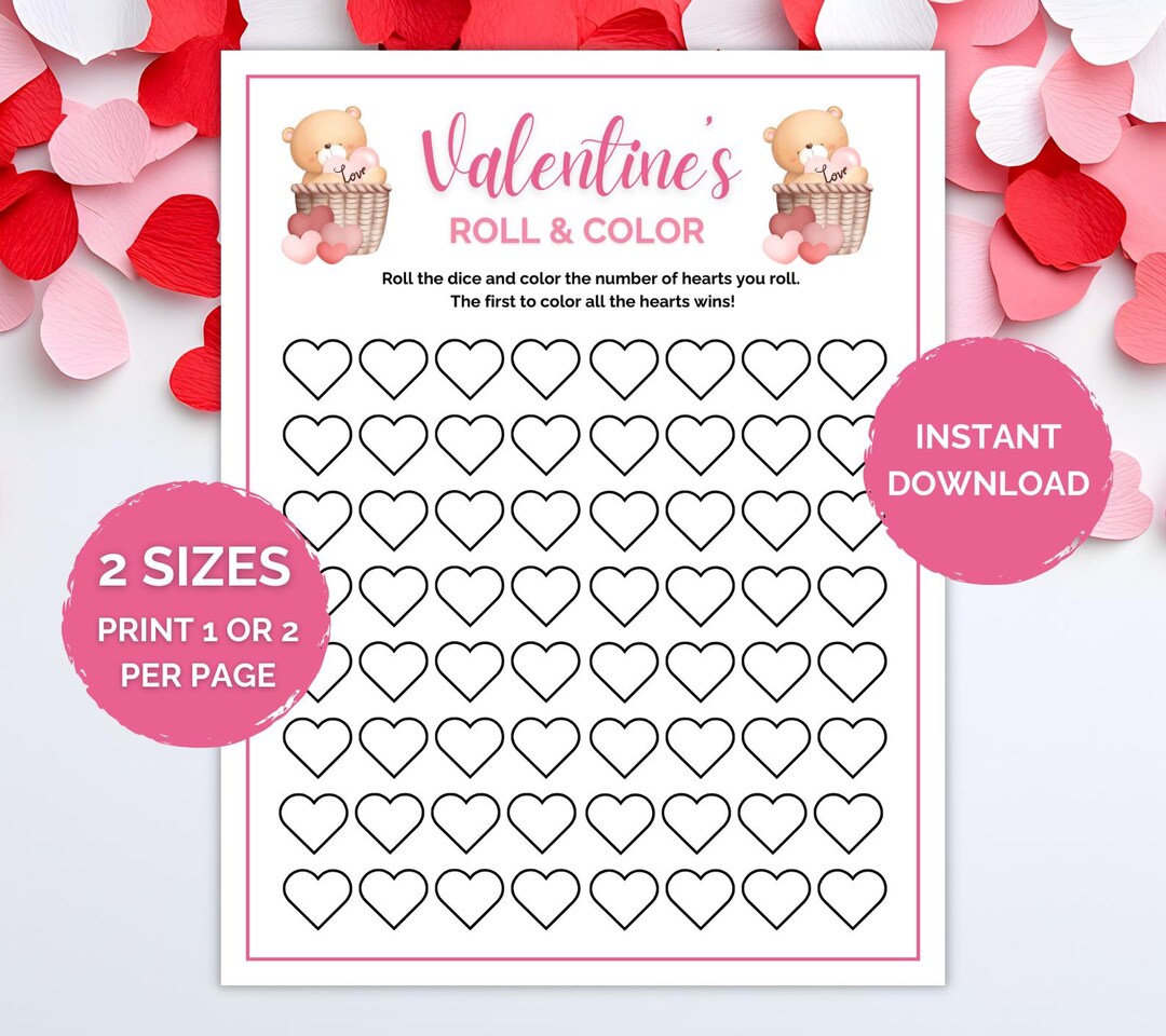 Valentine's Day Roll and Color, Valentine's Day Fun Game, Valentine's ...