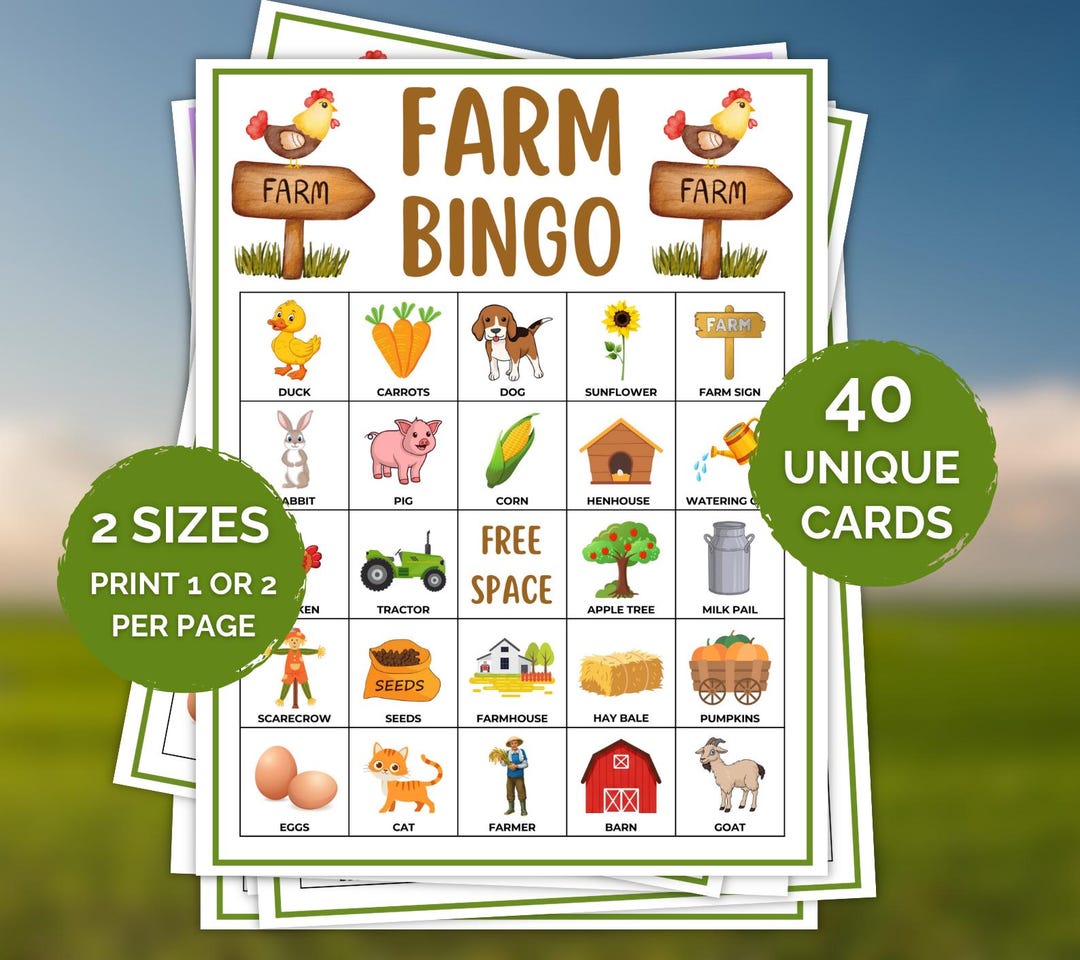 40 Farm Bingo Cards, Farm Bingo Printable Game, Farm Party Game ...