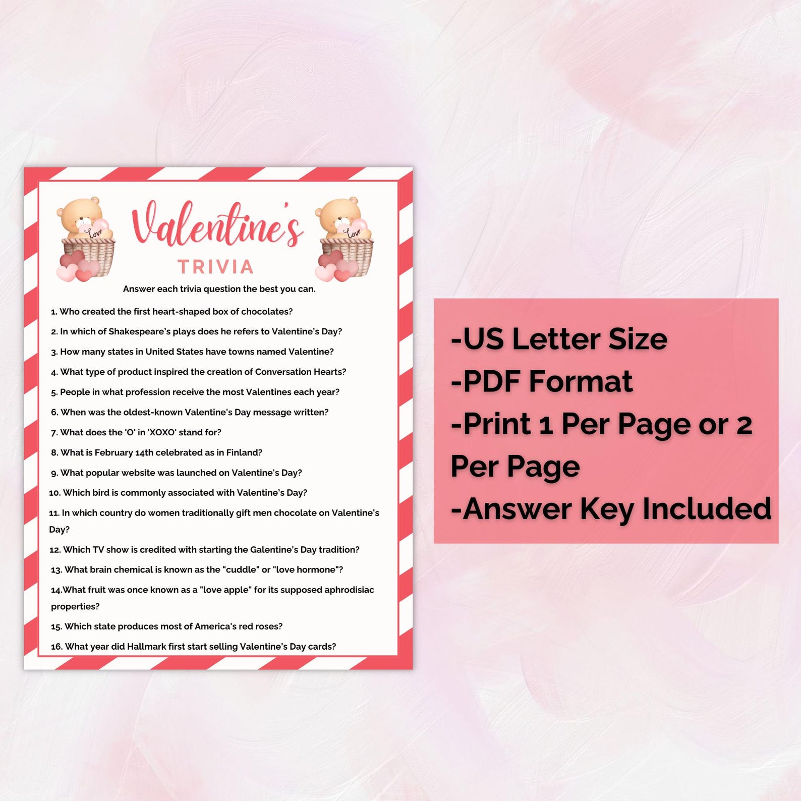 Valentine's Day Trivia Game, Valentine Day Game, Valentines Activity ...