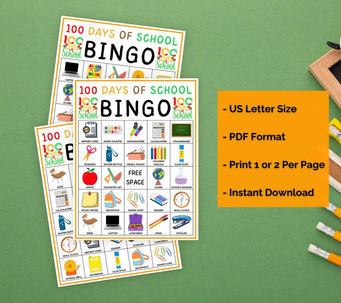 100 Days of School Bingo Cards, School Bingo, 100 Days of School Games ...