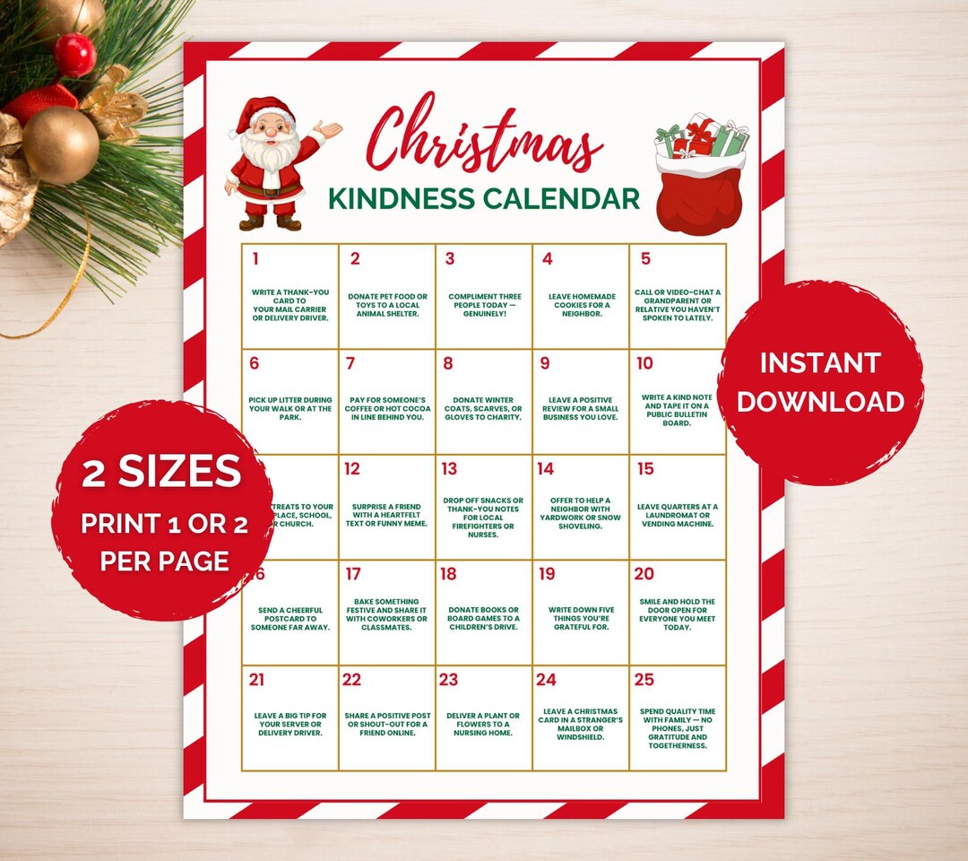 Christmas Kindness Calendar, Holiday Advent Printable for Kids & Adults ...