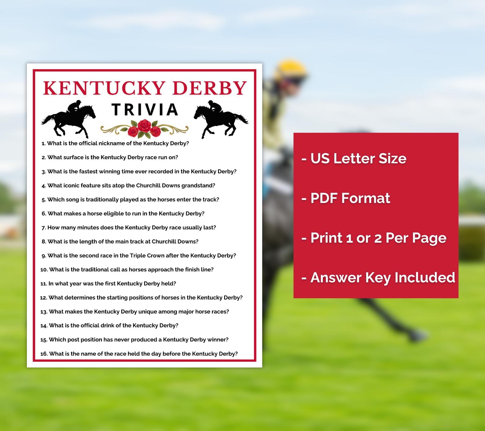 Kentucky Derby Trivia Printable, Derby Party, Horse Racing Trivia ...
