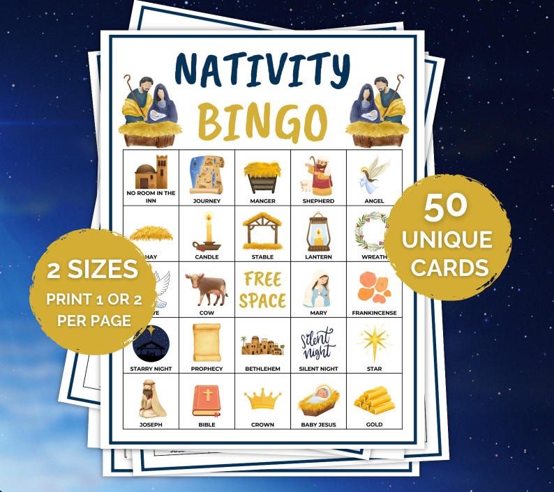 50 Nativity Bingo Cards, Nativity Game, Nativity Bingo, Christmas ...