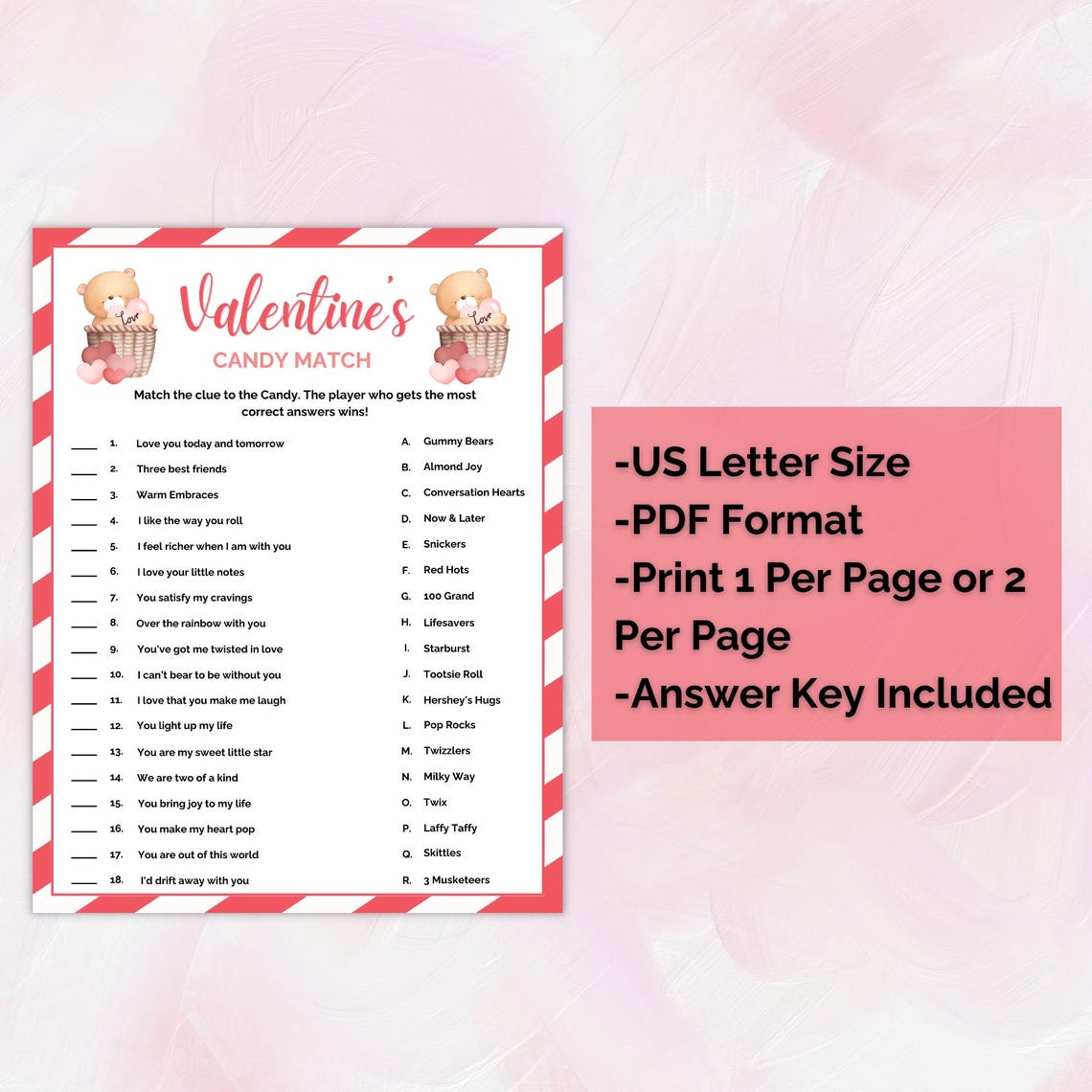 Valentine’s Day Candy Match, Candy Match Game, Valentine's Party Games ...