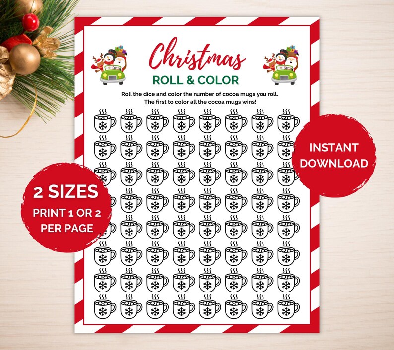 Christmas Roll and Color, Printable Christmas Game, Christmas Party ...