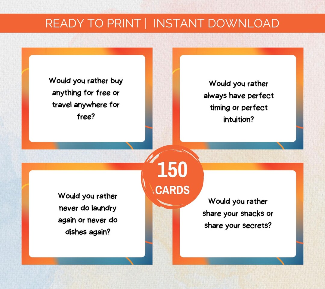 150 Would You Rather Cards Printable, Funny Question Cards for Family ...