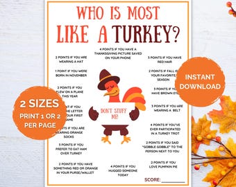 Thanksgiving Game, Who is Most Like a Turkey Game, Thanksgiving ...
