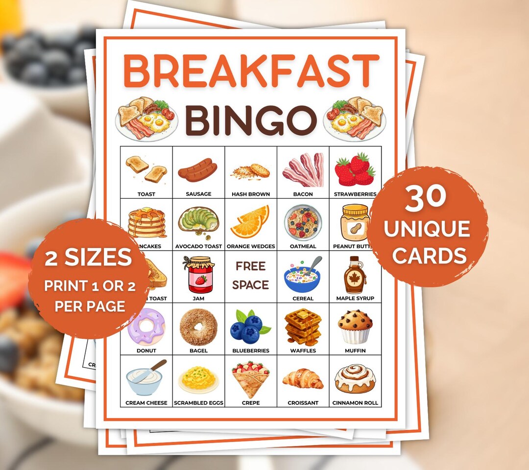 30 Breakfast Bingo Cards, Breakfast Bingo Printable, Brunch Bingo Cards ...