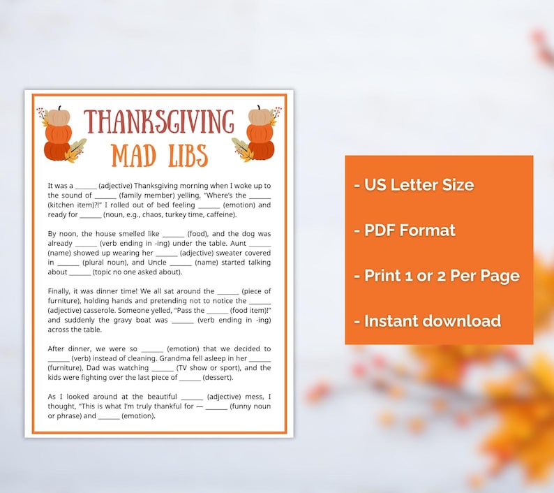 Thanksgiving Mad Libs Game, Funny Fall Party Printable Activity, Family ...