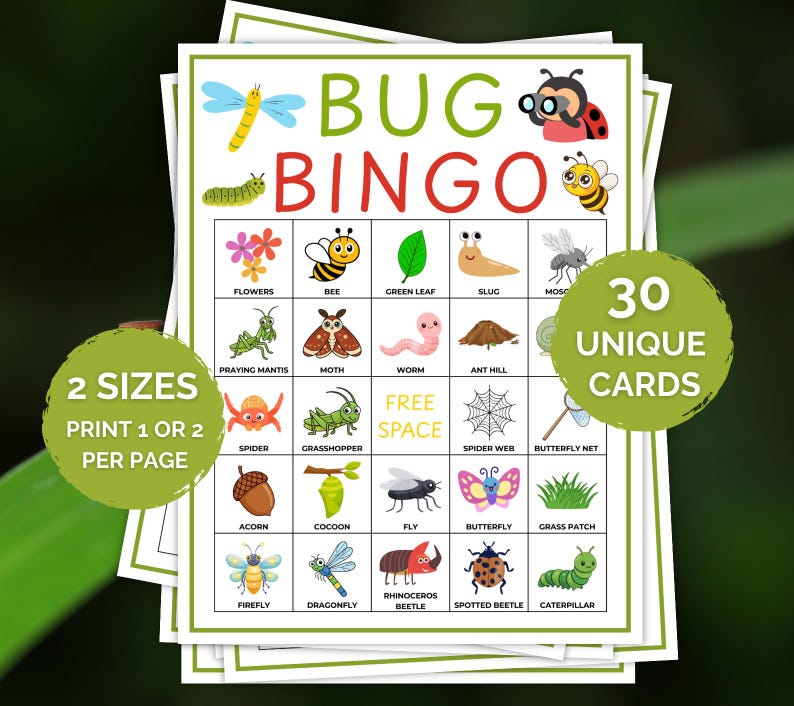 30 Bug Bingo Cards, Bug Bingo Printable, Insect Bingo, Garden Bug Game ...