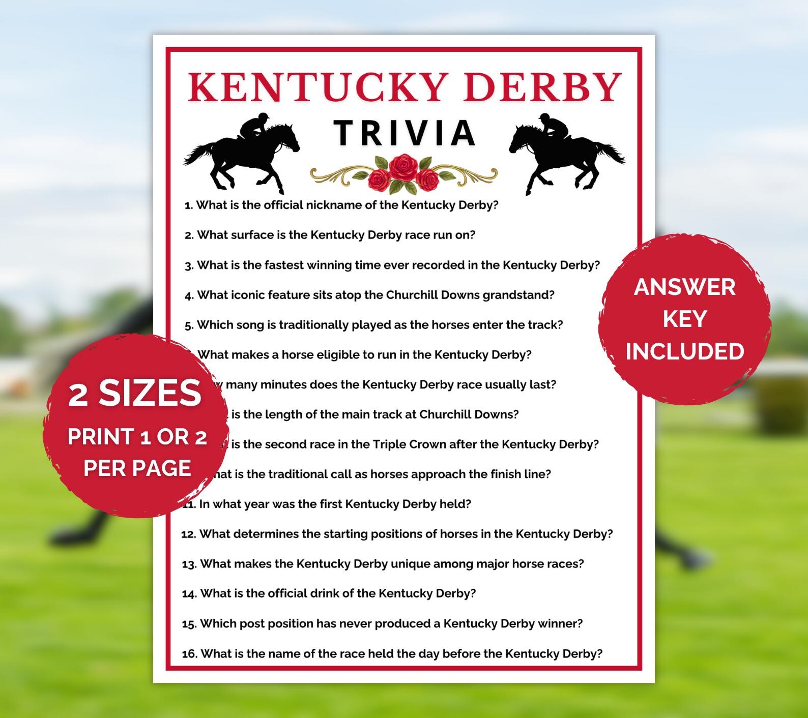 Kentucky Derby Trivia Printable, Derby Party, Horse Racing Trivia ...
