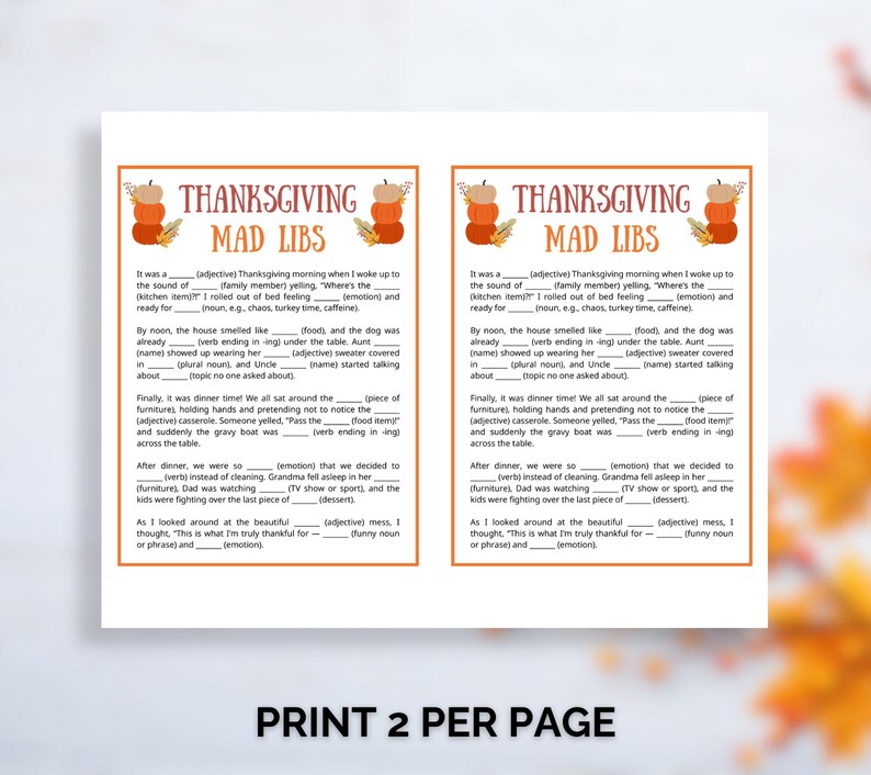 Thanksgiving Mad Libs Game, Funny Fall Party Printable Activity, Family ...