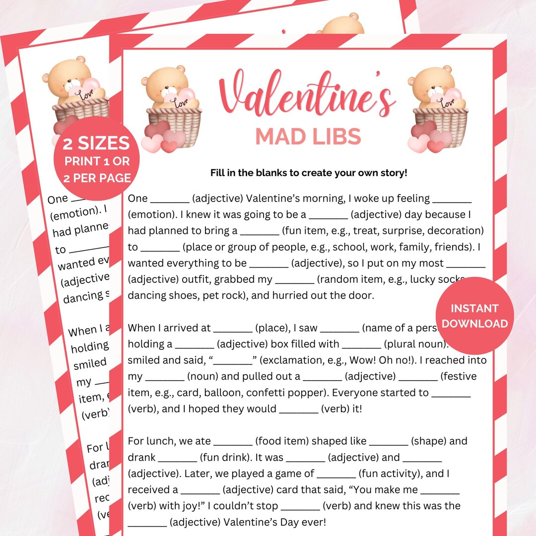 Valentine's Day Mad Libs Game, Valentine's Mad Libs Game, Fun Valentine ...