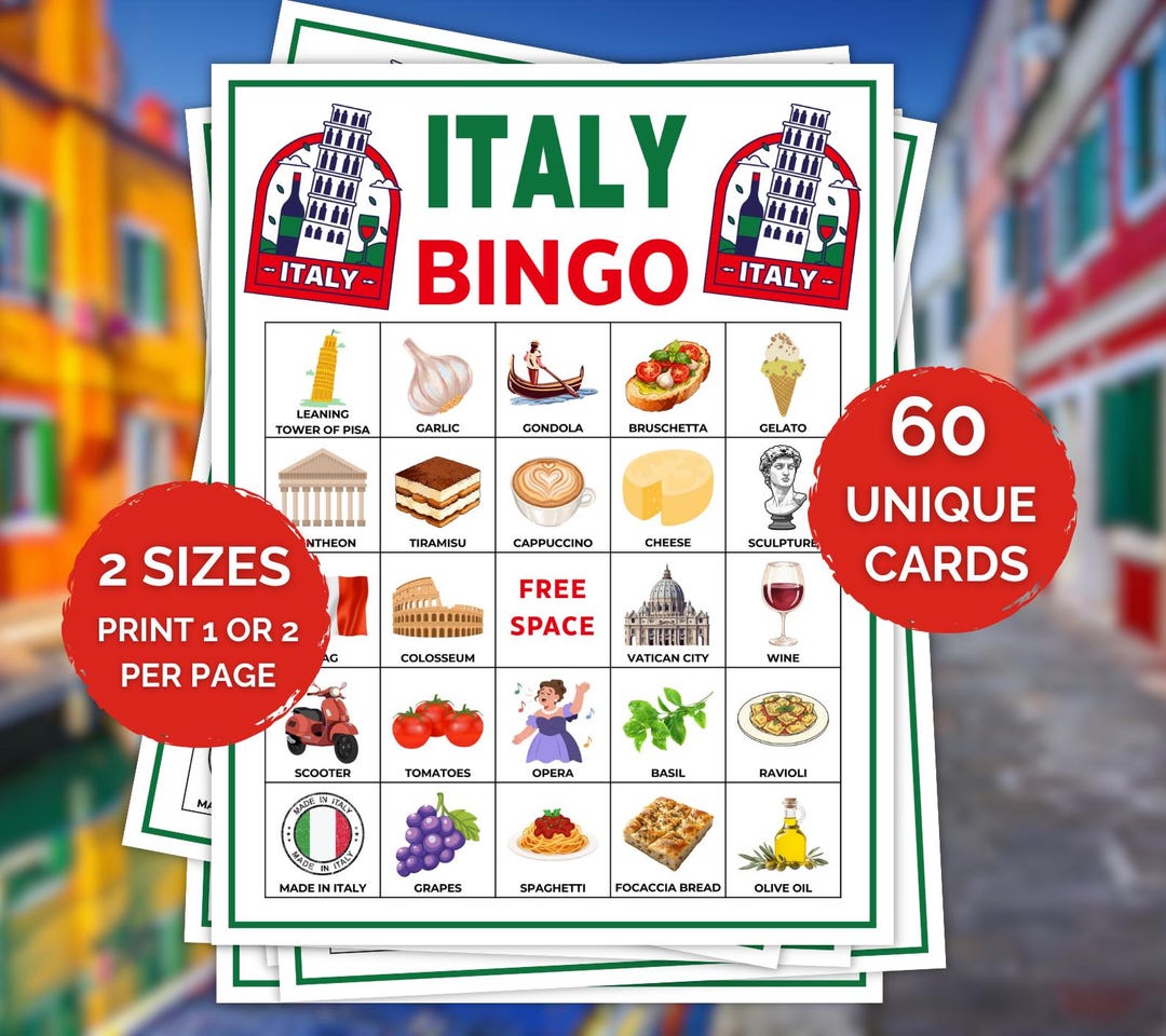 60 Italy Bingo Cards, Italy Bingo Printable, Italian Theme Party ...
