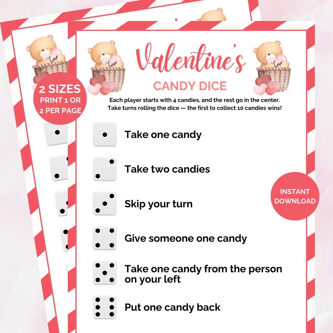 Valentine's Day Candy Dice Game, Valentine's Day Candy Dice, Valentines ...