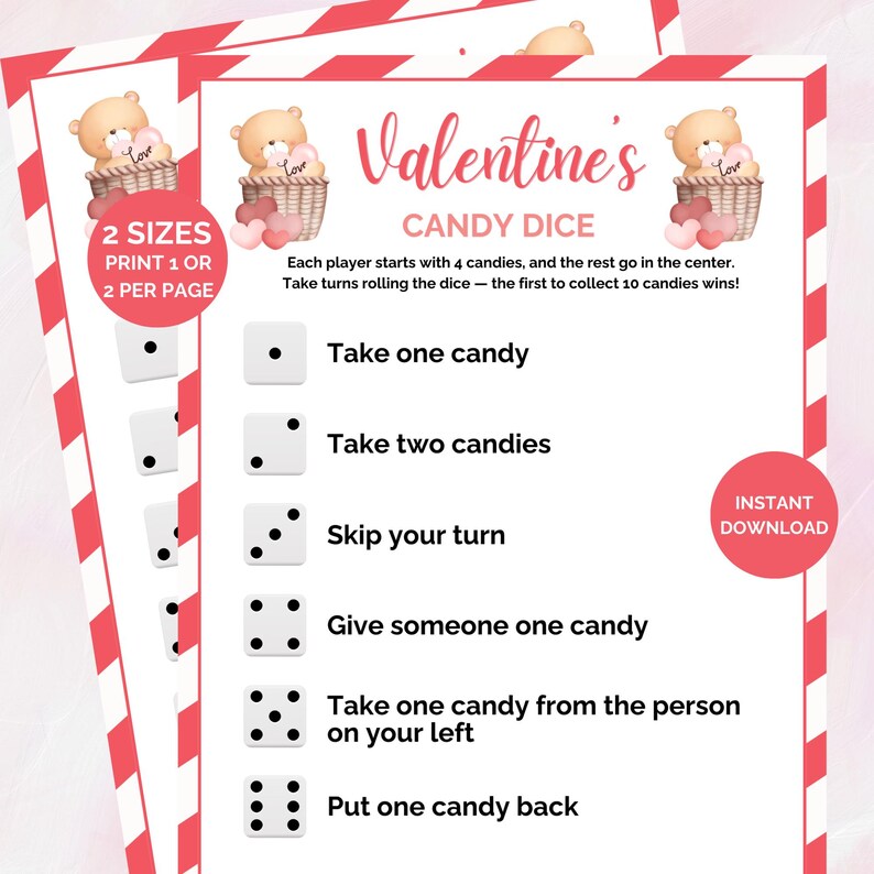 Valentine's Day Candy Dice Game, Valentine's Day Candy Dice, Valentines ...
