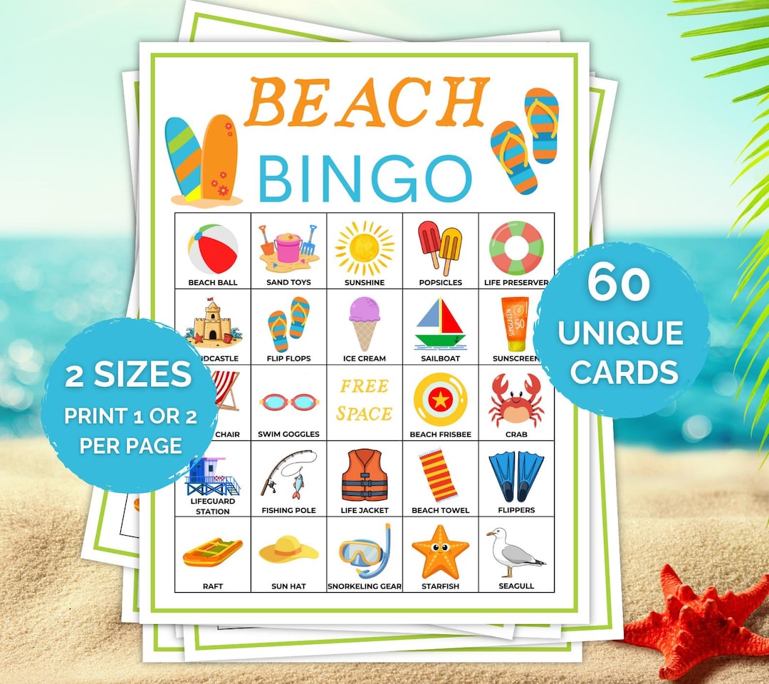 60 Beach Bingo Cards, Beach Bingo Printable, Summer Party Activity ...