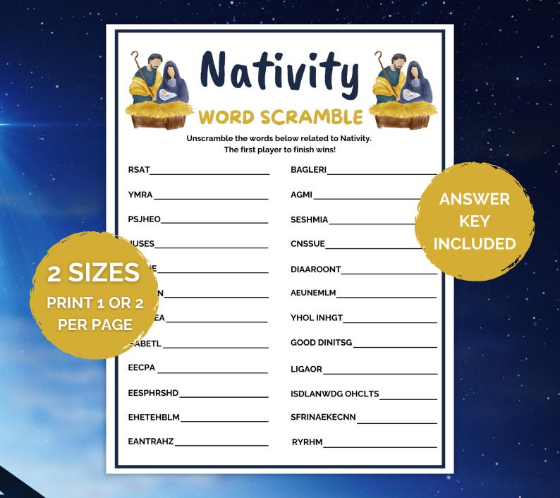 Nativity Word Scramble, Fun Nativity Game, Printable Nativity Game ...
