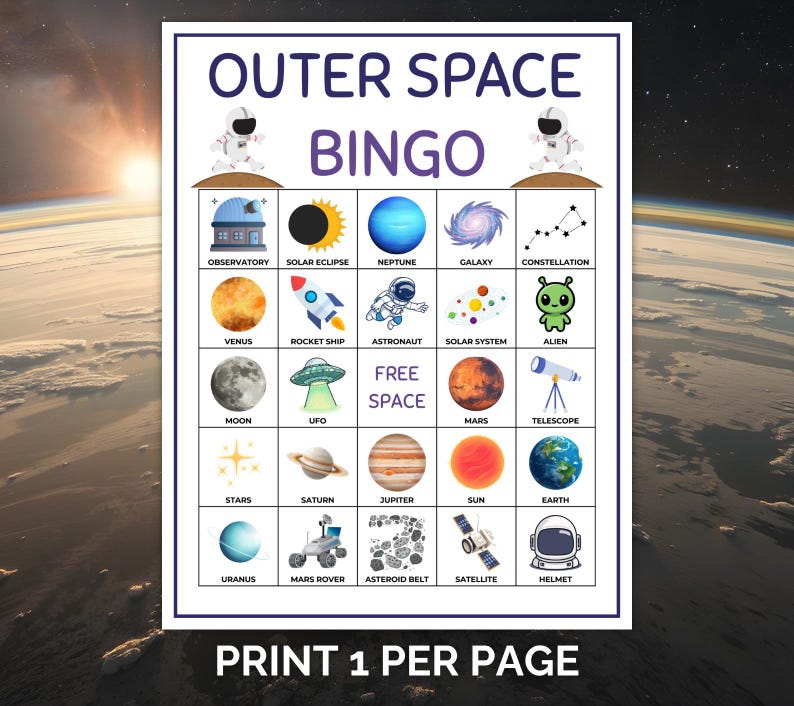 40 Outer Space Bingo Printable, Astronomy Bingo, Solar System Bingo ...