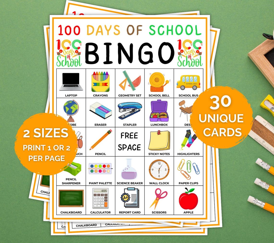 100 Days of School Bingo Cards, School Bingo, 100 Days of School Games ...