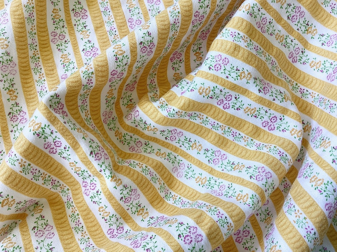 Vintage Pillow Ticking Fabric Yellow Stripe With Little Flowers Pre ...