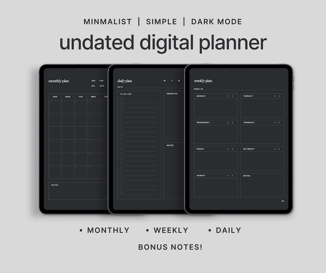 Dark Mode Undated Digital Planner: Minimalist Monthly, Weekly, Daily ...