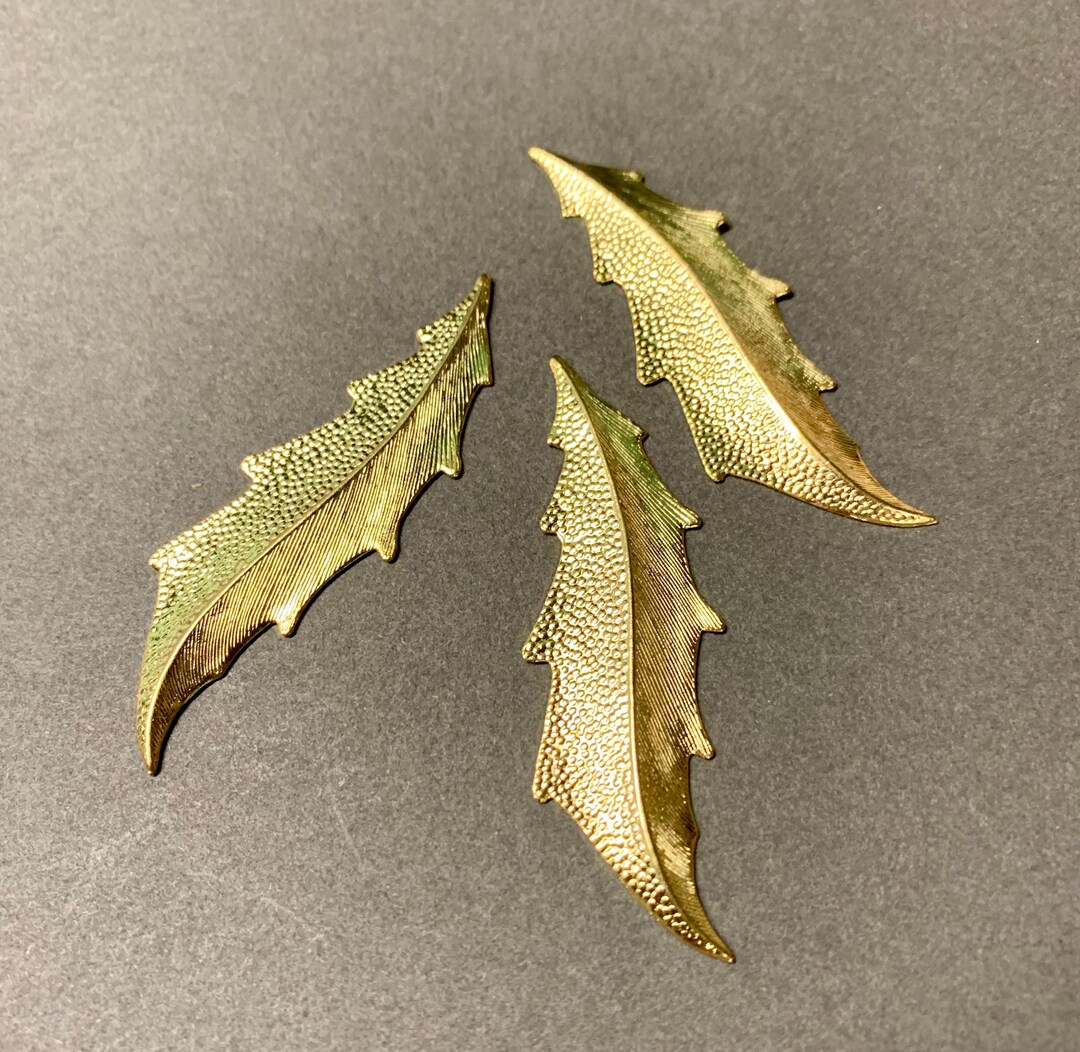 Vintage Brass Stamping Textured Long Leaf Gold Color NOS (4) - Etsy