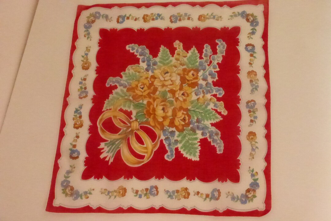 Vintage Mid Century Red and Gold Floral Handkerchief With Roses and ...