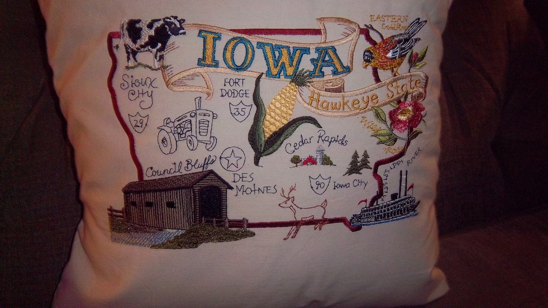 Embroidered State Map Pillow Iowa - Etsy