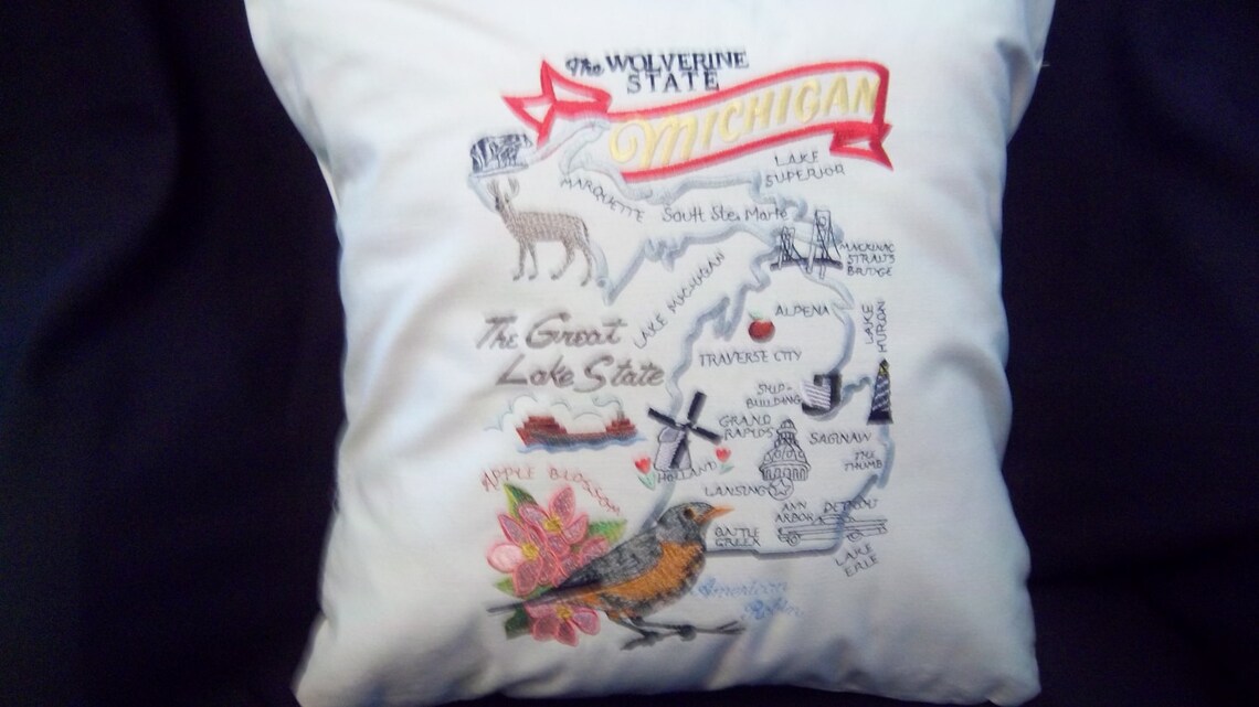 Embroidered State Map Pillow Michigan - Etsy