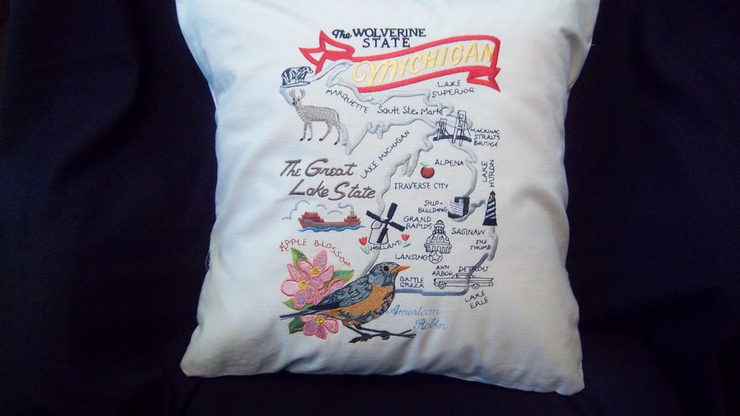 Embroidered State Map Pillow Michigan - Etsy