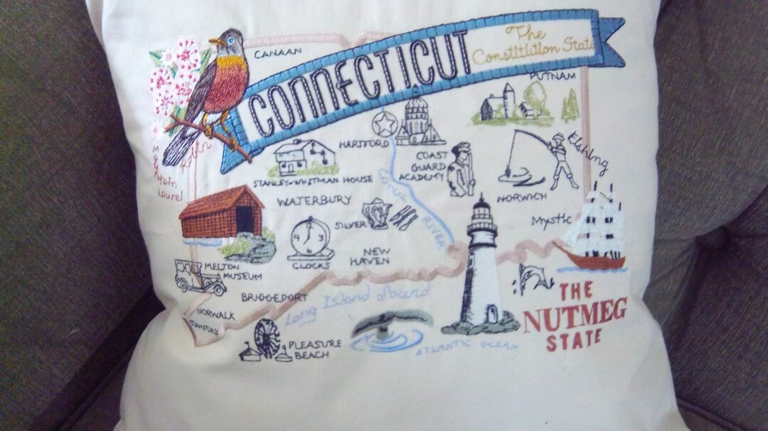 Embroidered State Map Pillow Connecticut - Etsy