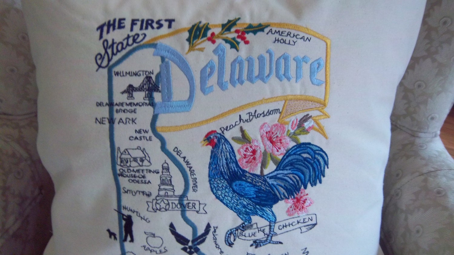 Embroidered State Map Pillow Delaware - Etsy