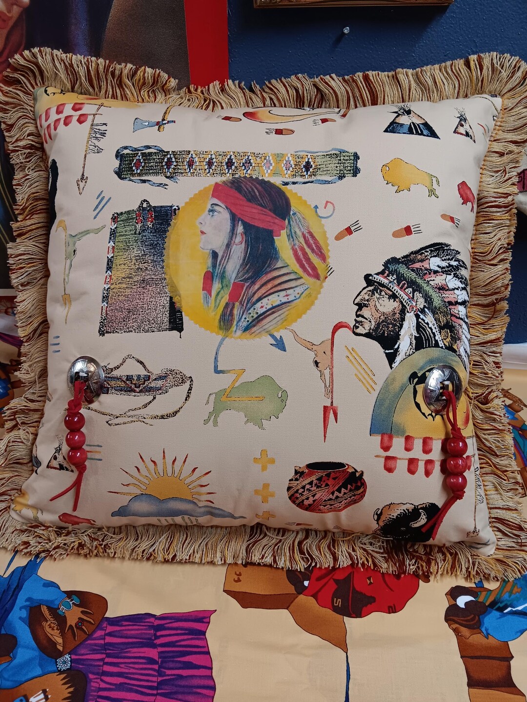 Southwest Native American Indian Art Fabric Pillow Chief Silver Conchos ...