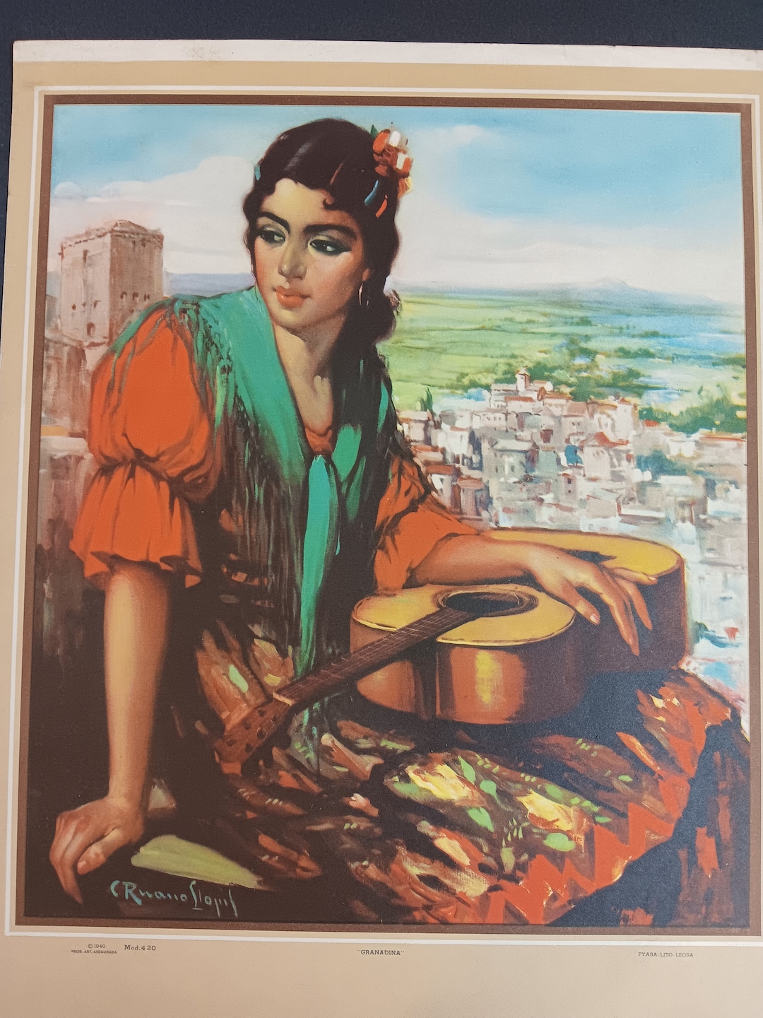 Vintage Mexican Spanish Calendar Art Lithograph Spanish Guitar Senorita ...