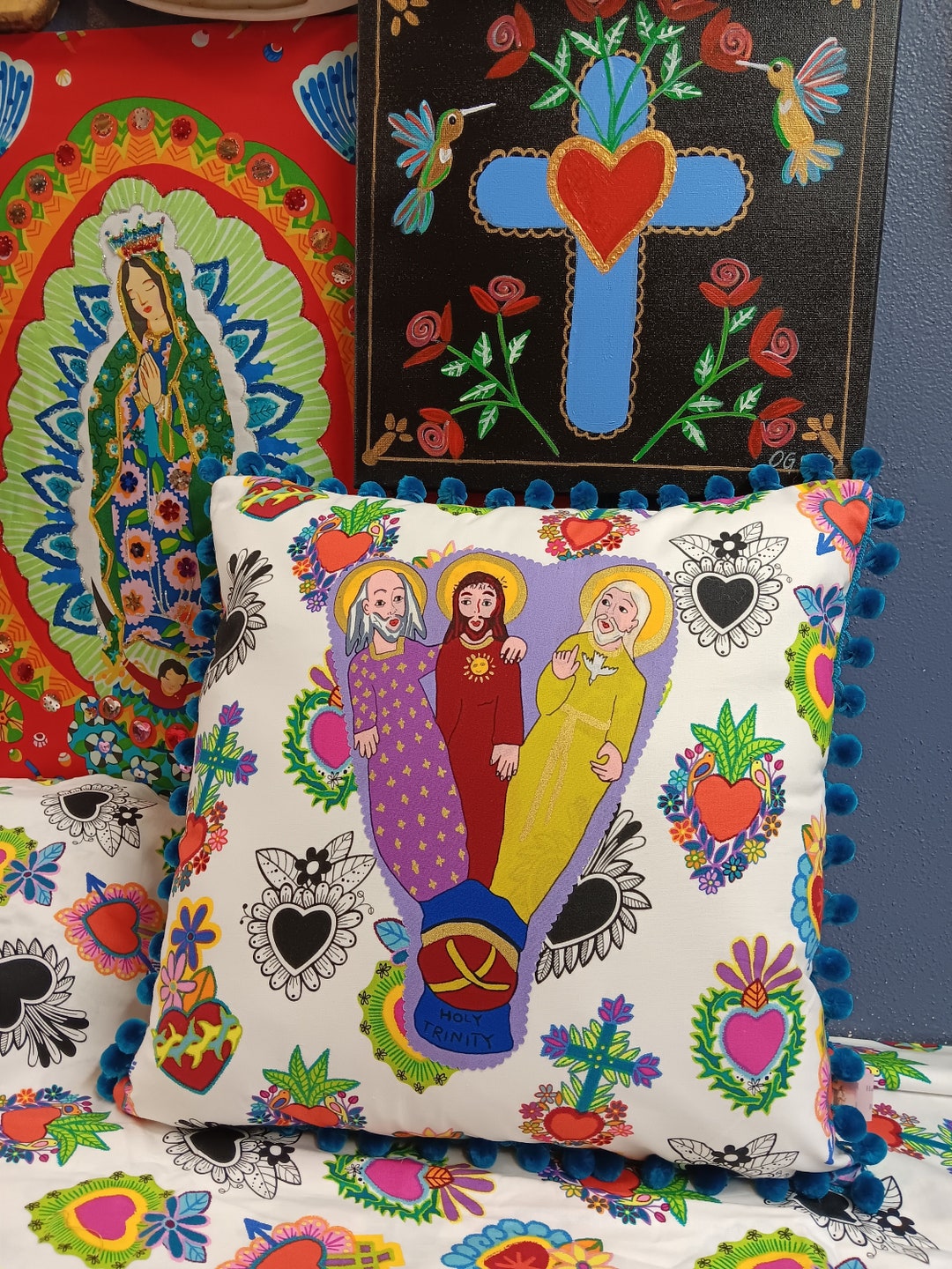 Rare Fabric Holy Trinity Folk Art Pillow Father Son Holy Spirit ...