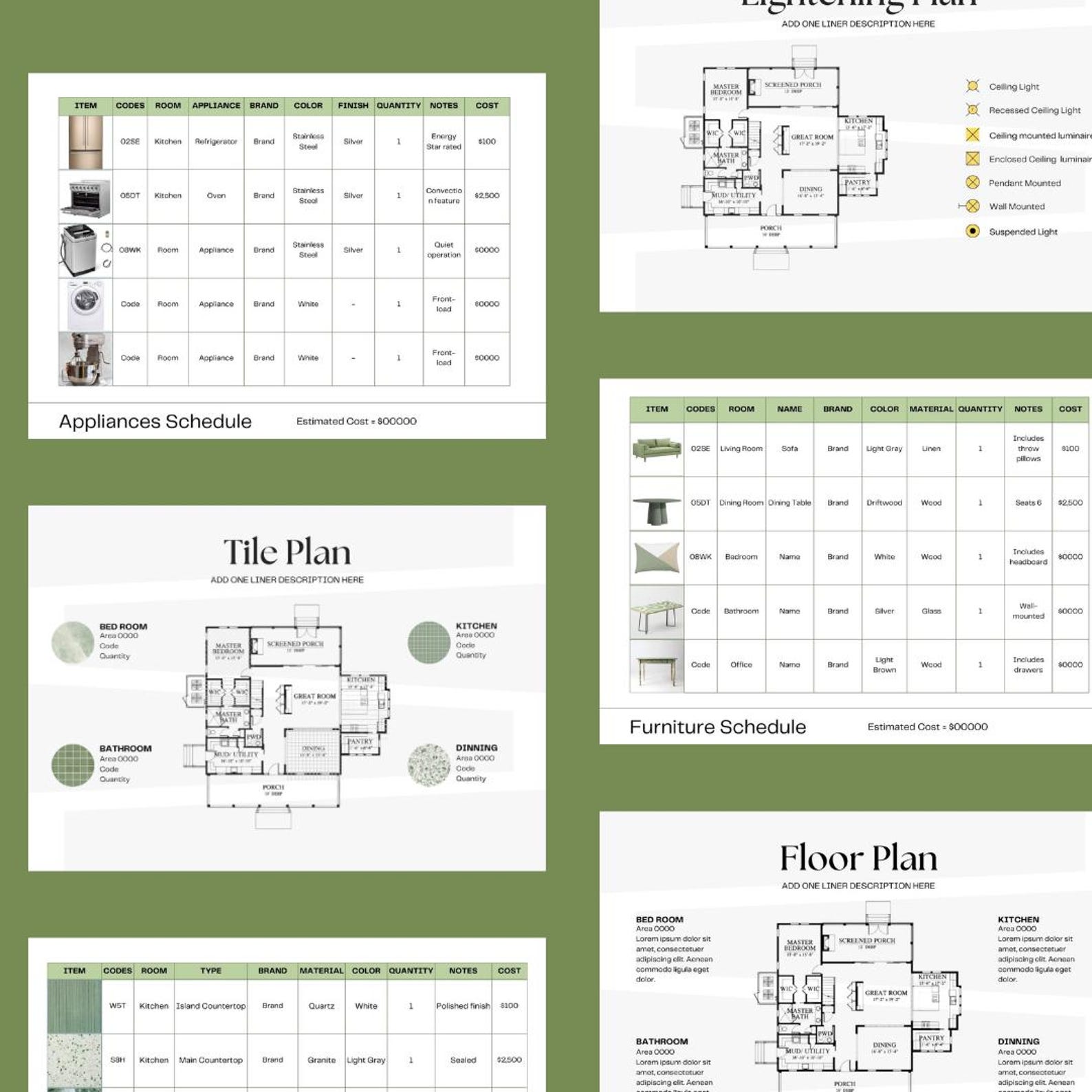 Interior Design Furniture, Fixtures and Finishes Schedule Template for ...
