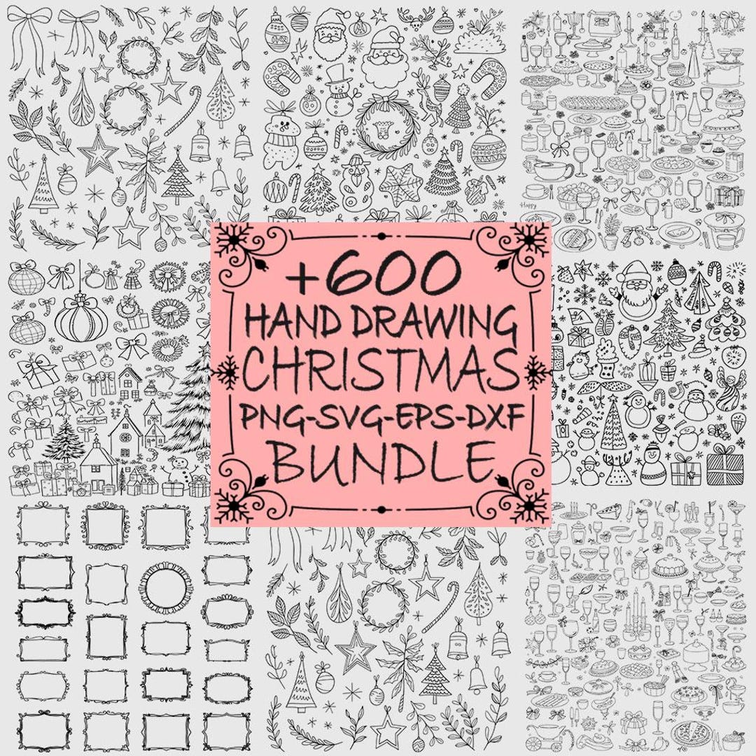 600 Hand Drawn Whimsical Christmas SVG Clipart Bundle of Illustrations ...