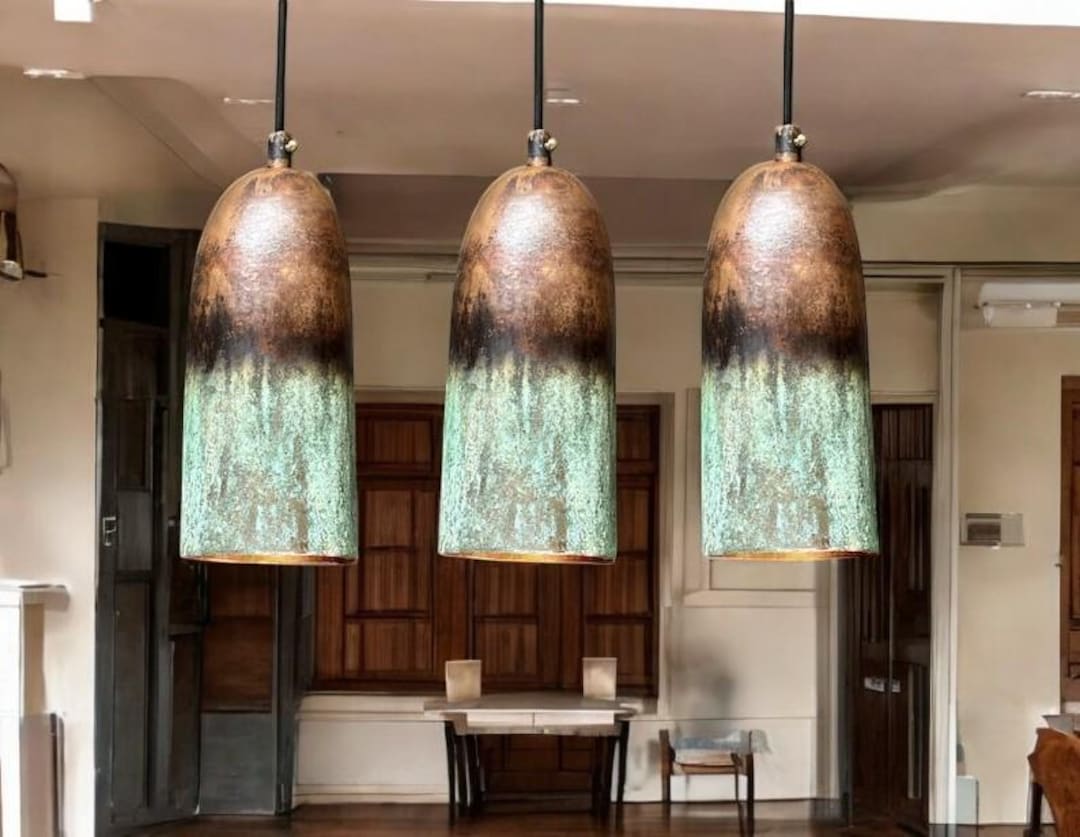 Set of 3 Oxidized Copper Pendant Lights, Green Patina Farmhouse Light ...