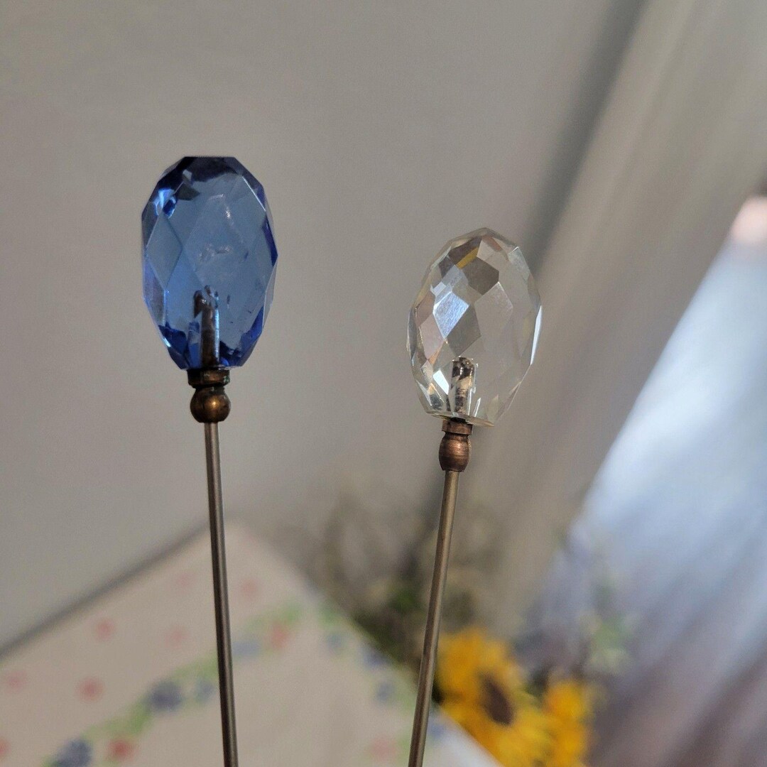 Antique Hat Pins Pair Clear and Cobalt Glass Faceted Pretty Collectible ...