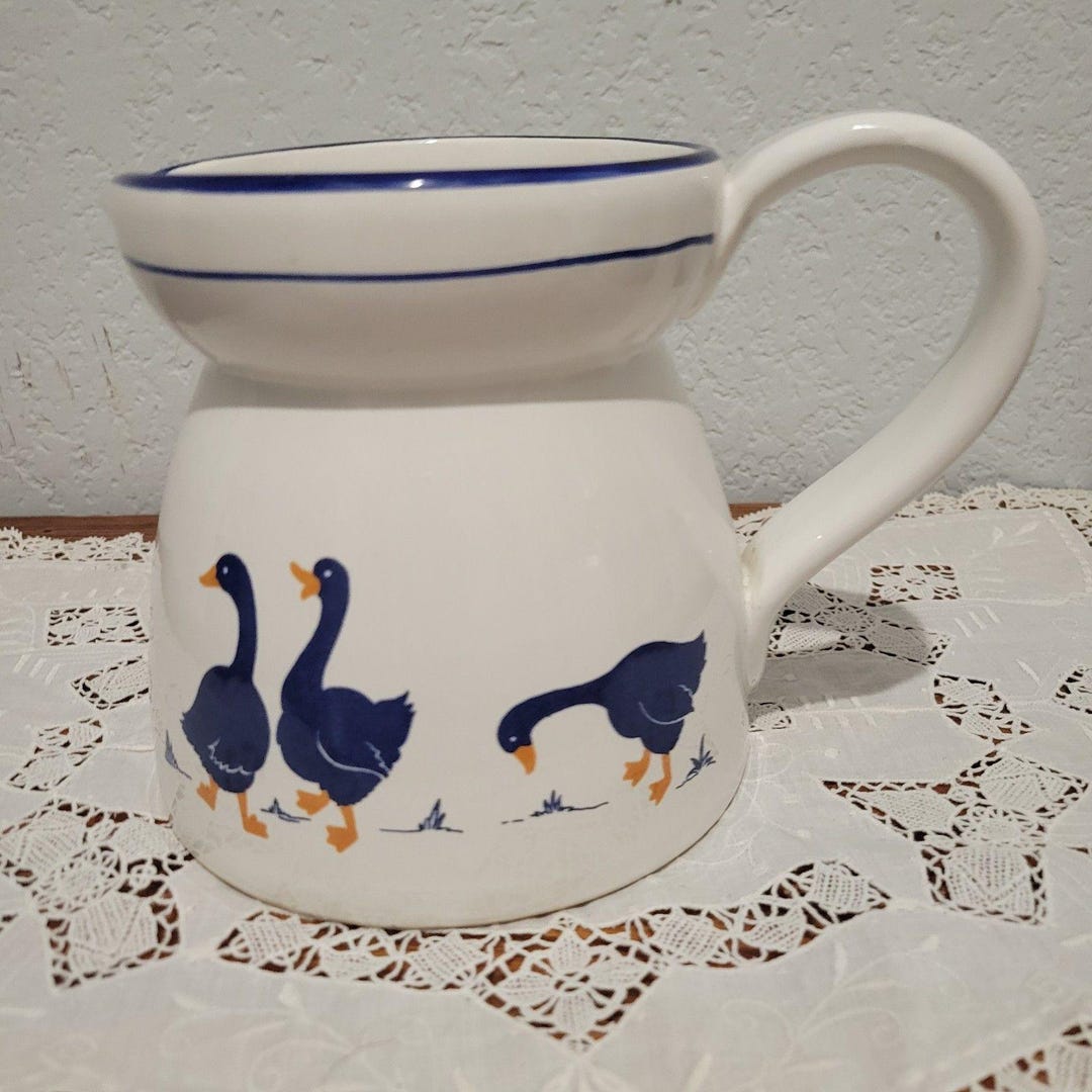 Vintage Cream White Milk Pitcher Small Blue Geese Cottage Grandma Goose ...