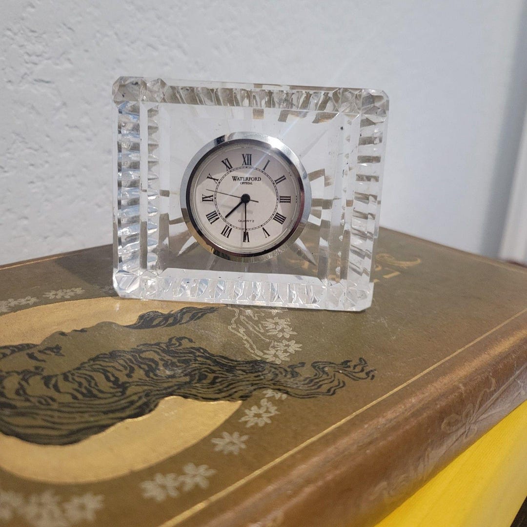 Vintage WATERFORD Crystal Small Rectangle Desk Clock Paperweight 2.5x3 ...