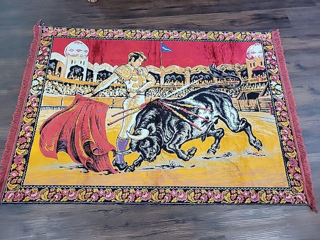 Vintage Tapestry Wall Hanging Rug W/ Fringe Matador Spanish Bull ...
