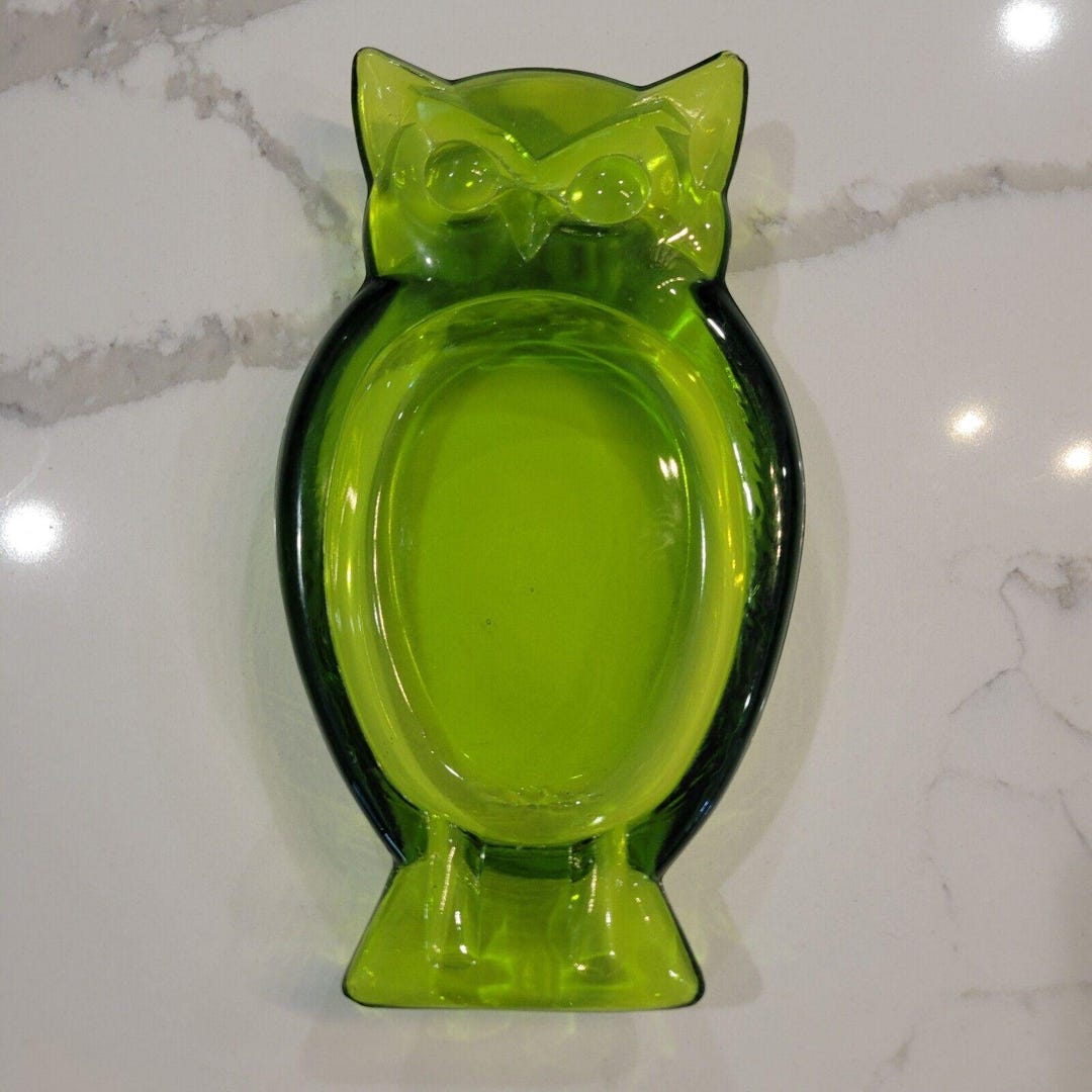 Beautiful Vintage 1970s Viking Art Glass Green Owl Ashtray or Trinket ...