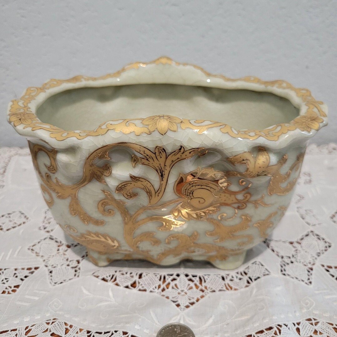 Vintage Amita Cream and Gold Chinoiserie Oval Planter Vase Crackled ...