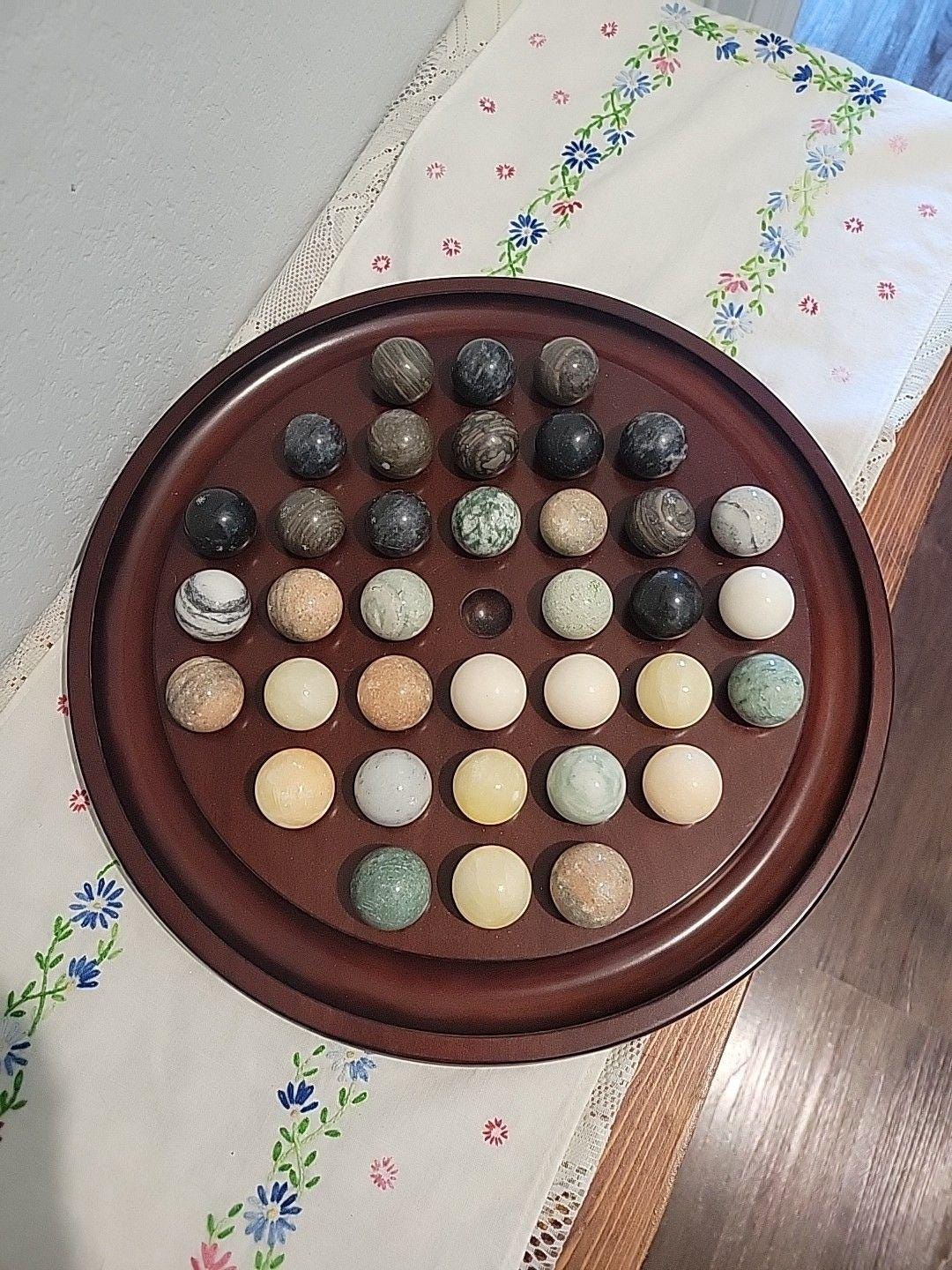 Vintage the Bombay Co. Wood Solitaire Game 1994 36 LRG Stone Marbles 13 ...