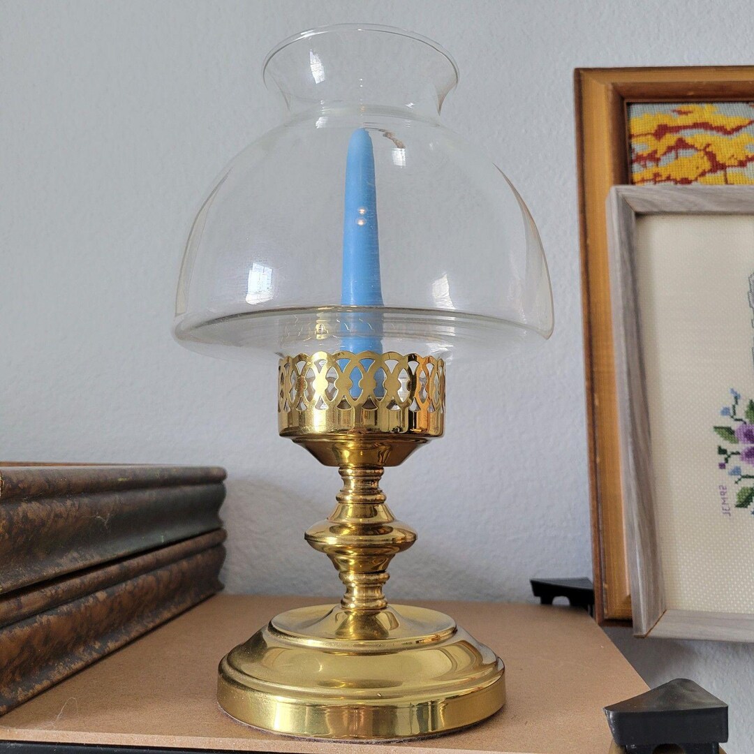 Vintage Brass Hurricane Candle Holder Lamp 11" X 6" Tall Glass Shade ...